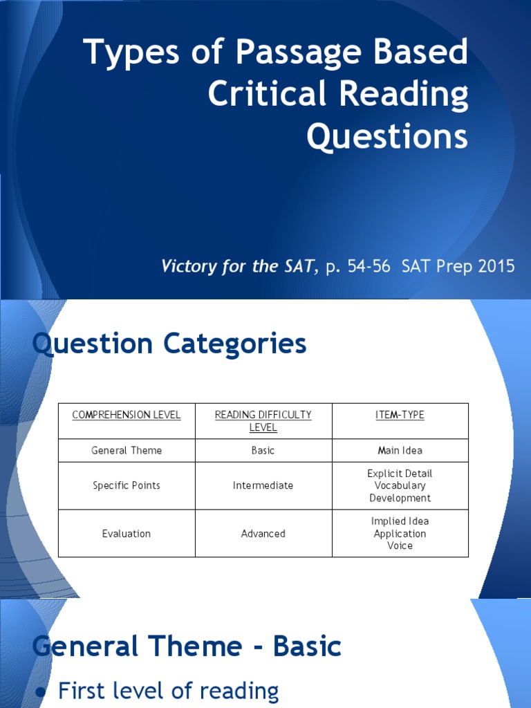 Types of Passage Based Critical Reading Questions: Victory For The SAT ...