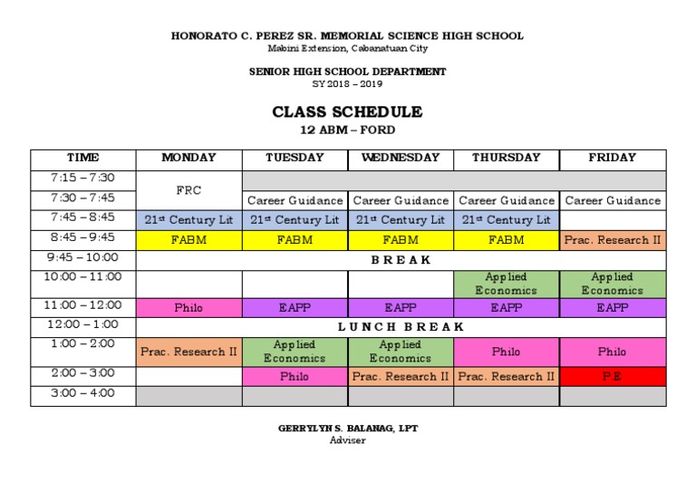 Class Schedule: 12 Abm - Ford Time Monday Tuesday Wednesday Thursday ...