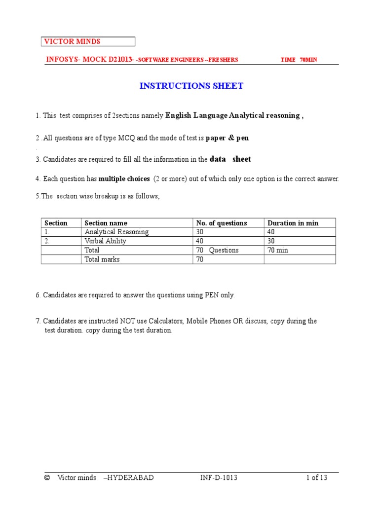 Infosys Mock Paper D1013-1 | PDF | Multiple Choice | Question