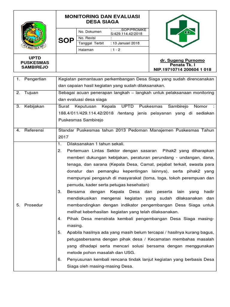 Sop Monitoring Dan Evaluasi Desa Siaga | PDF