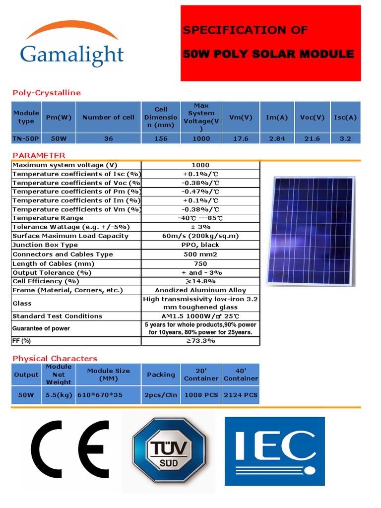 Specification of 50W Poly Solar Module | PDF