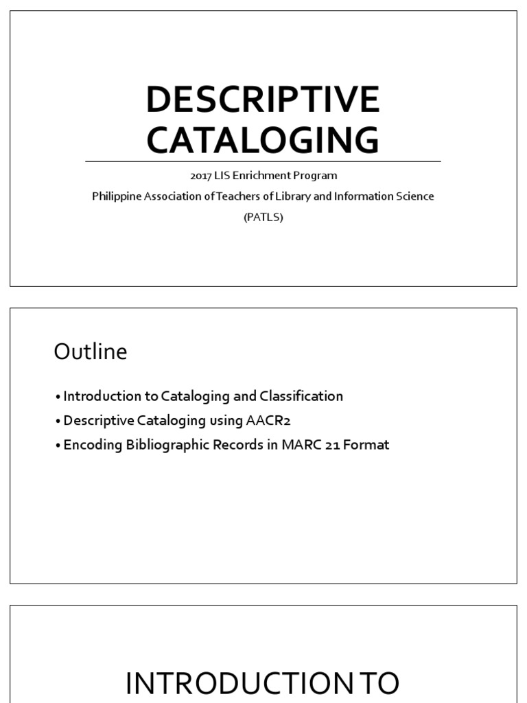 LIS Enrichment Program Descriptive Cataloging PDF | PDF | Cataloging ...