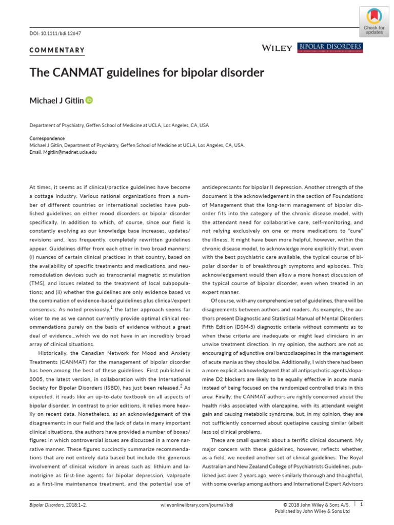 The CANMAT Guidelines For Bipolar Disorder: Michael J Gitlin | PDF ...