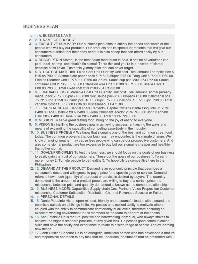 Business Plan Street Food | PDF | Demand | Foods