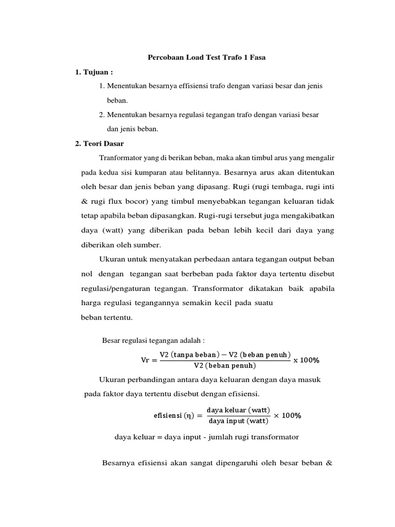 Percobaan Load Test Trafo 1 Fasa | PDF