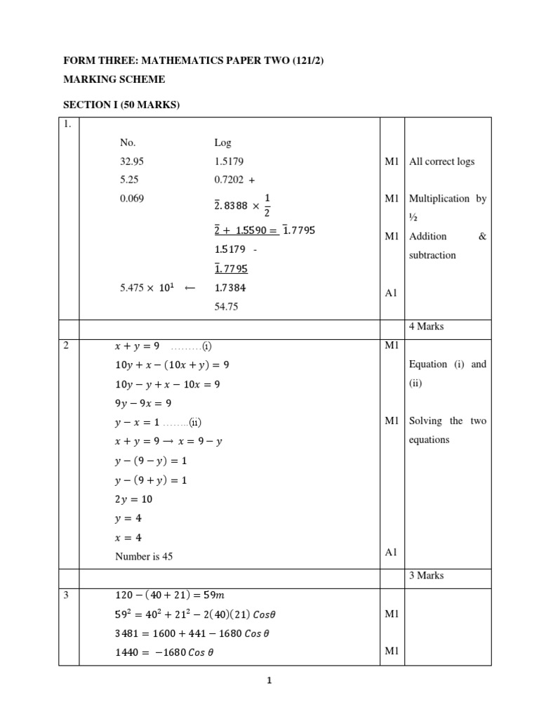 Form Three: Mathematics Paper Two (121/2) Marking Scheme Section I (50 ...