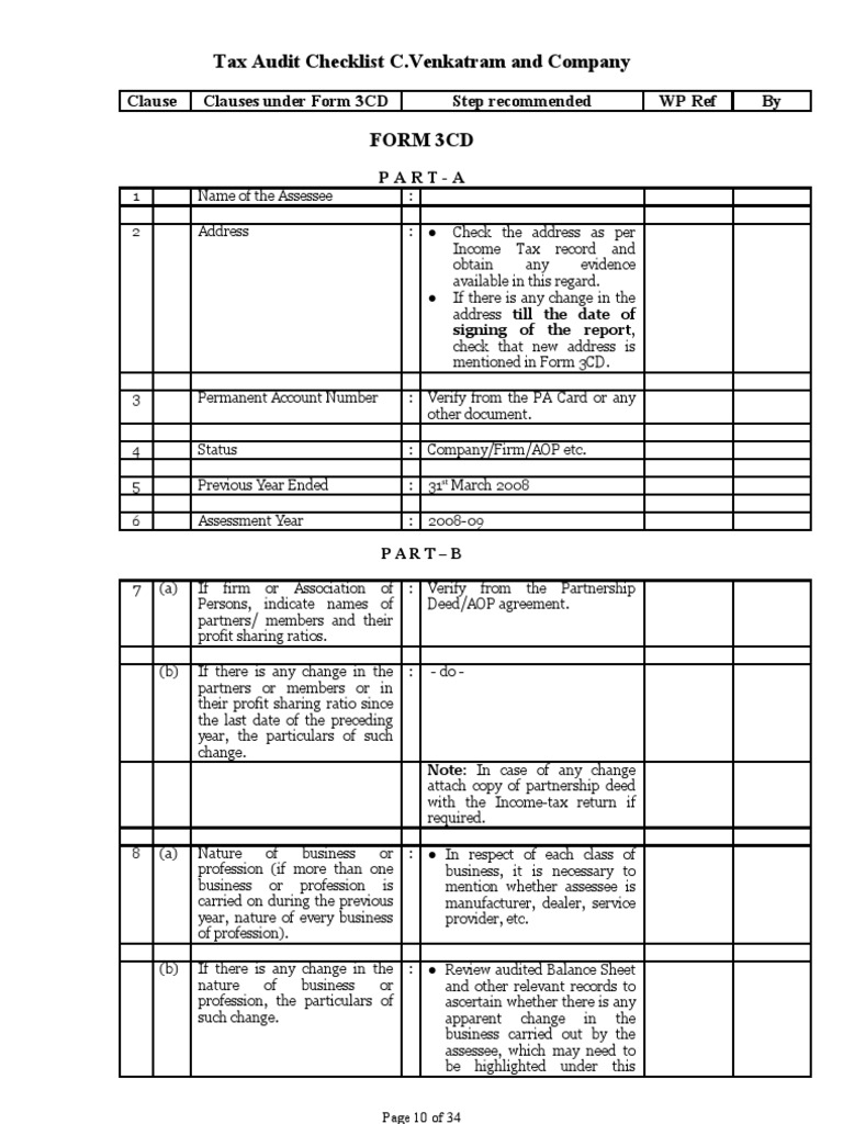 Tax Audit Checklist C.Venkatram and Company: Clause Clauses Under Form ...