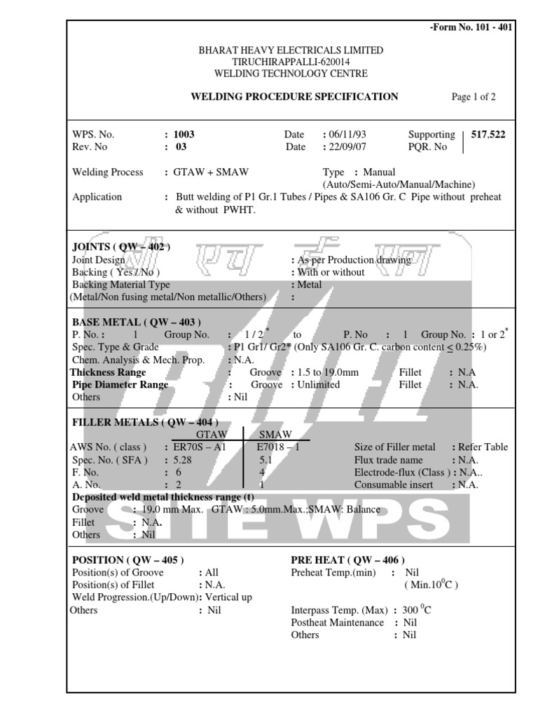 WPS GTAW+SMAW | Electricity | Mechanical Engineering