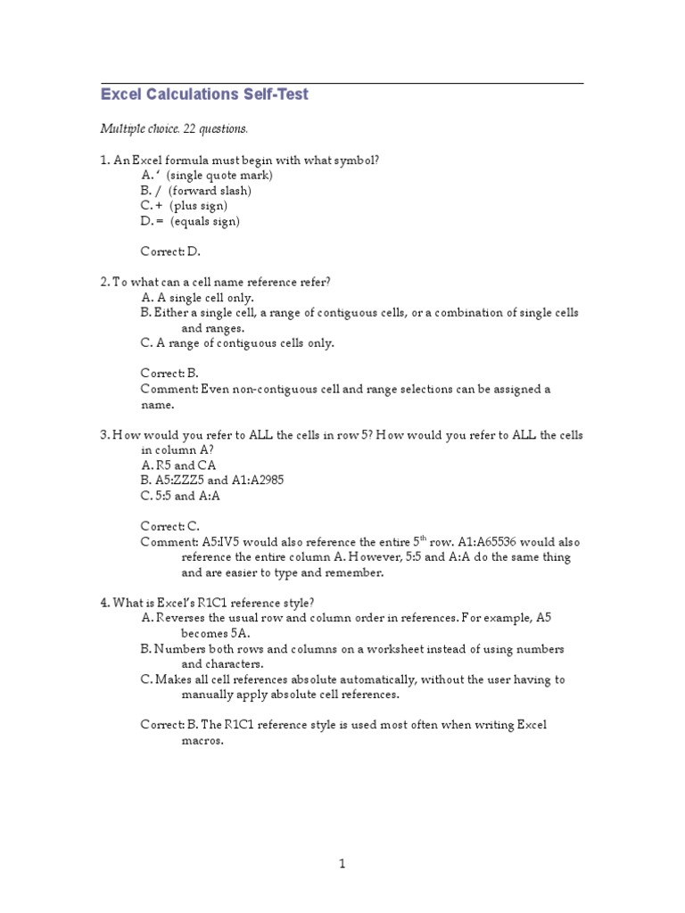 Excel Calculations Self Test | PDF | Microsoft Excel | Menu (Computing)