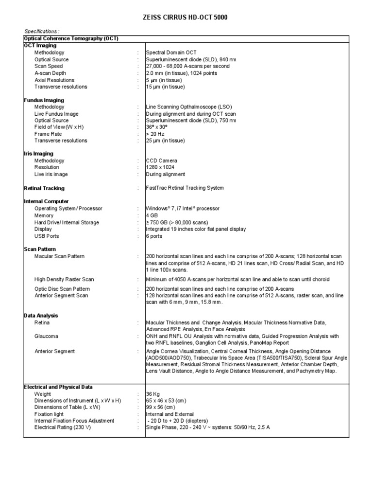 Spesifikasi Zeiss Cirrus Hd-Oct 5000 | PDF | Glaucoma | Eye