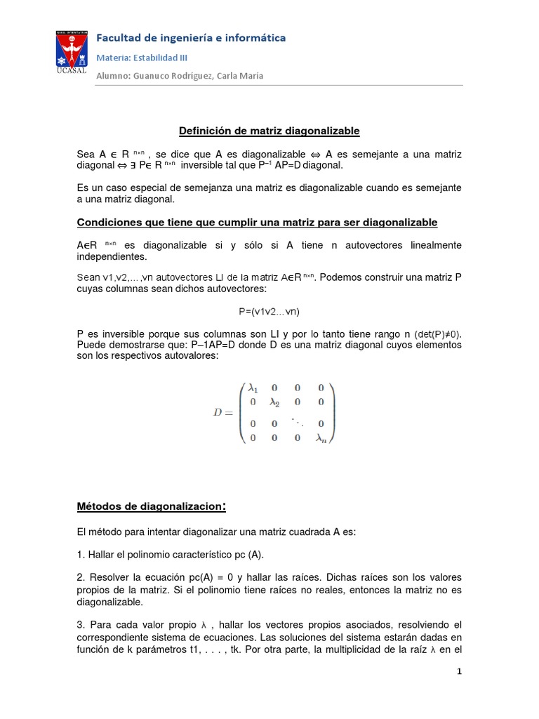 Definición de Matriz Diagonalizable | PDF | Valores propios y vectores propios | Matriz ...