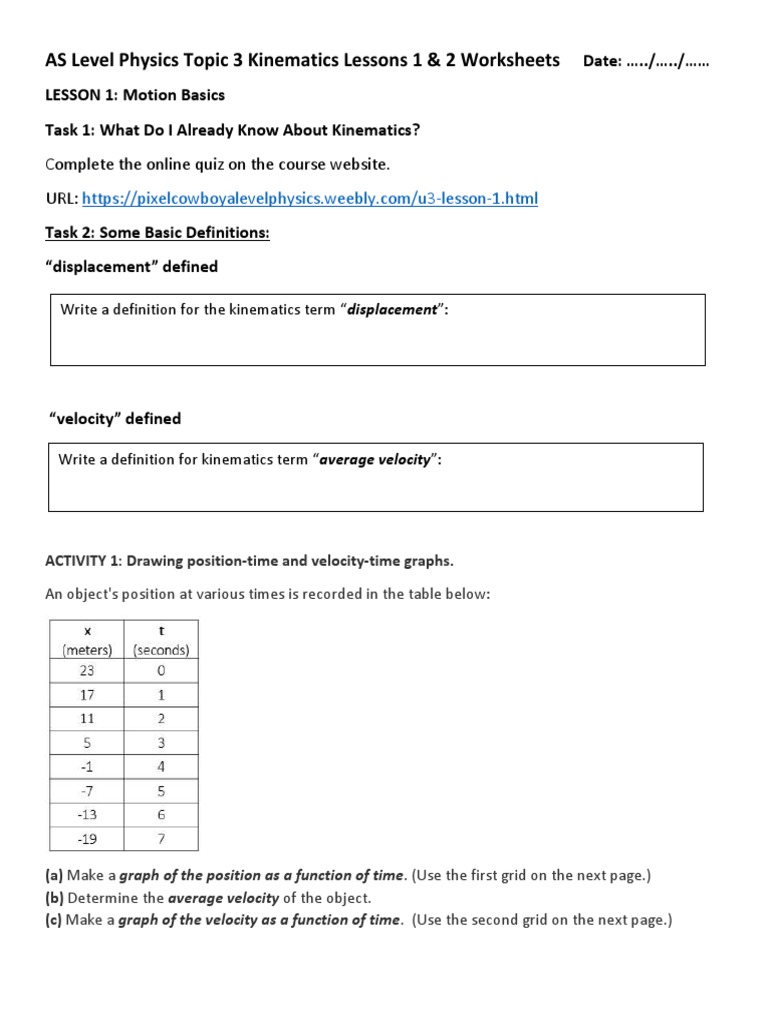 As Level Physics Topic 3 Kinematics Lessons 1 2 Worksheets | PDF ...