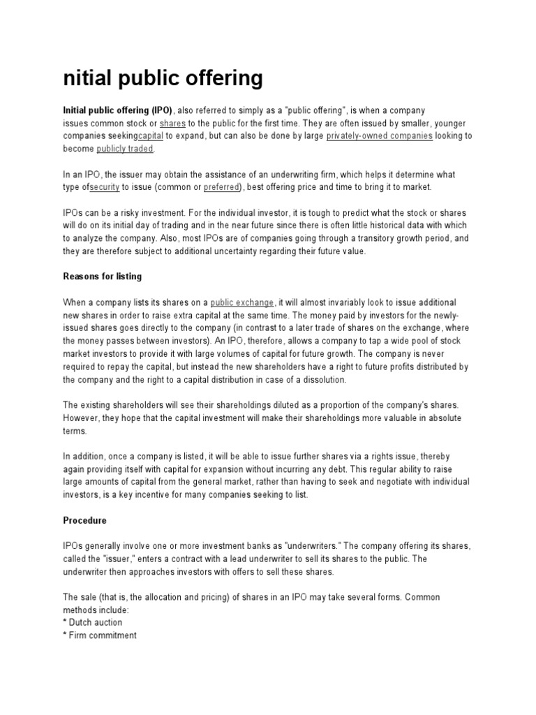 Nitial Public Offering: Shares Capital Privately-Owned Companies ...