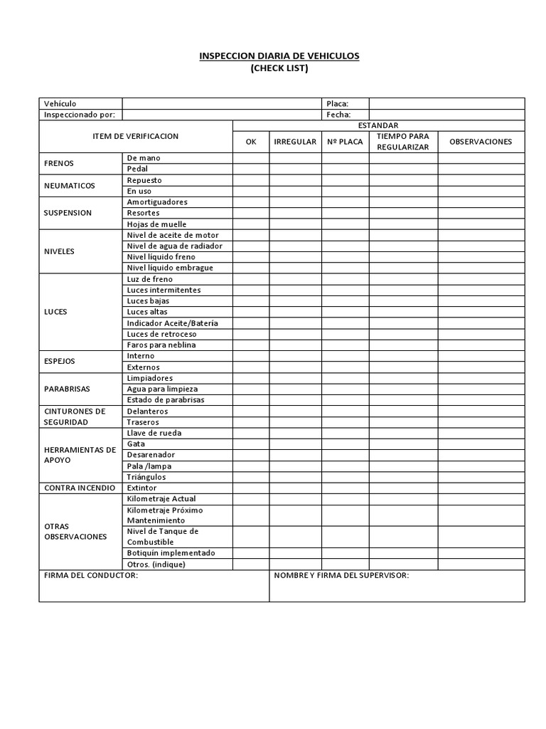 Check List Inspeccion de Vehiculos | PDF | Agua | Vehículos
