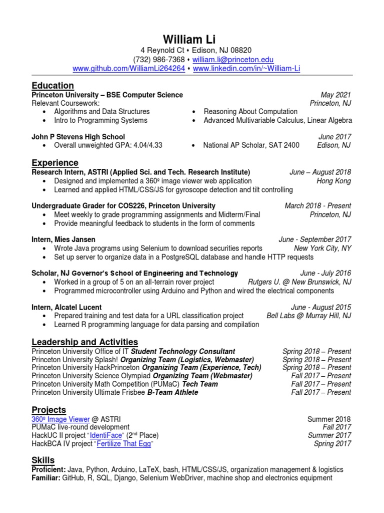 William Li's Resume | PDF | Princeton University | Computing
