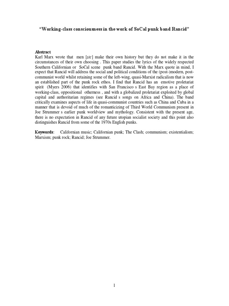 Working-Class Consciousness in The Work of Socal Punk Band Rancid | PDF ...