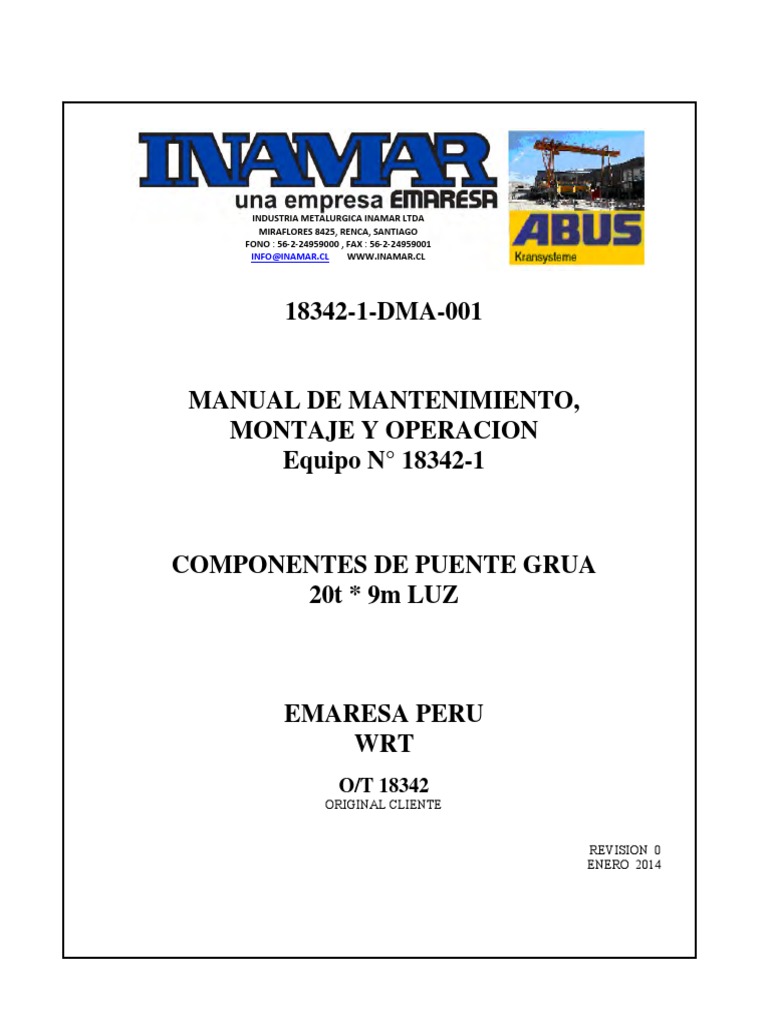 Manual de Operación, Instalación y Mantenimiento P.grua Abus 20 Ton ...