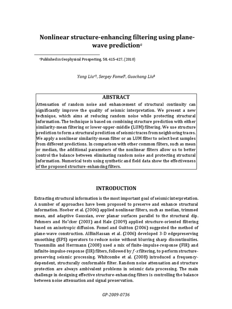 Nonlinear Structure-Enhancing Filtering Using Plane-Wave Prediction | PDF | Filter (Signal ...