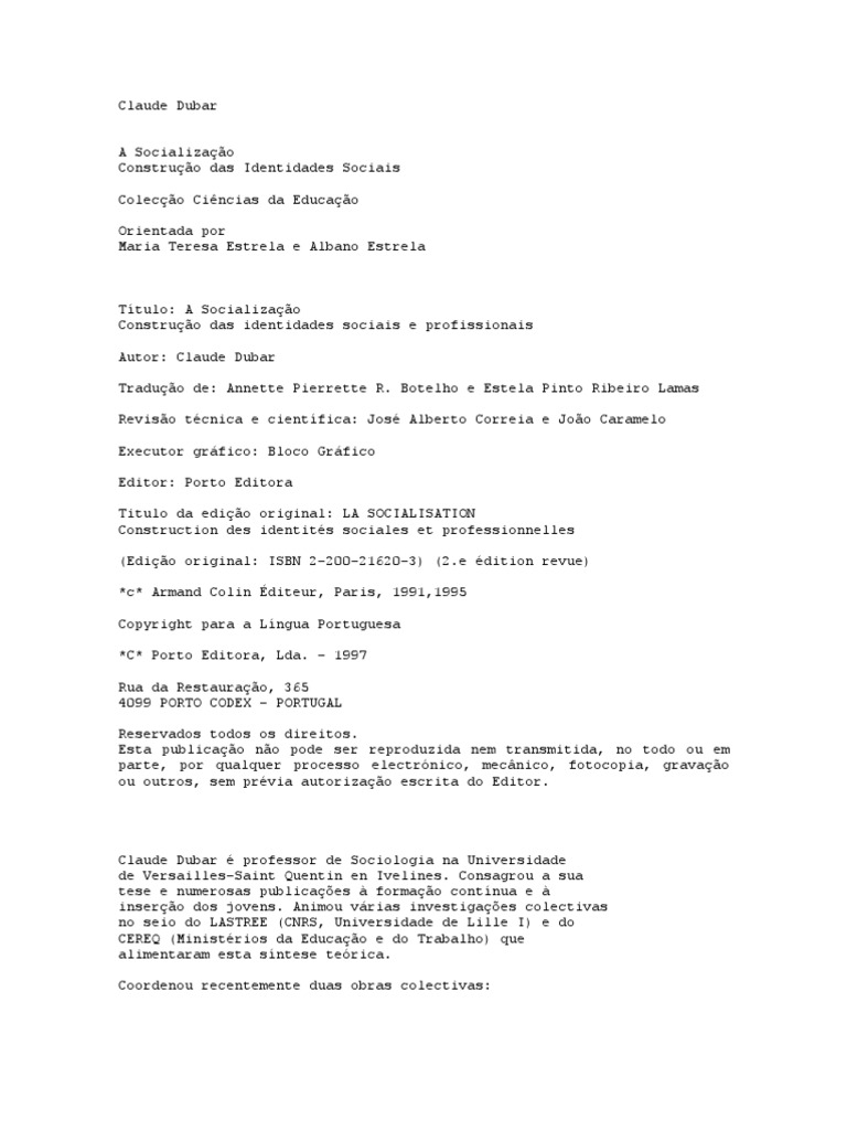 Claude Dubar - A Socialização Construção de Identidades Sociais e ...