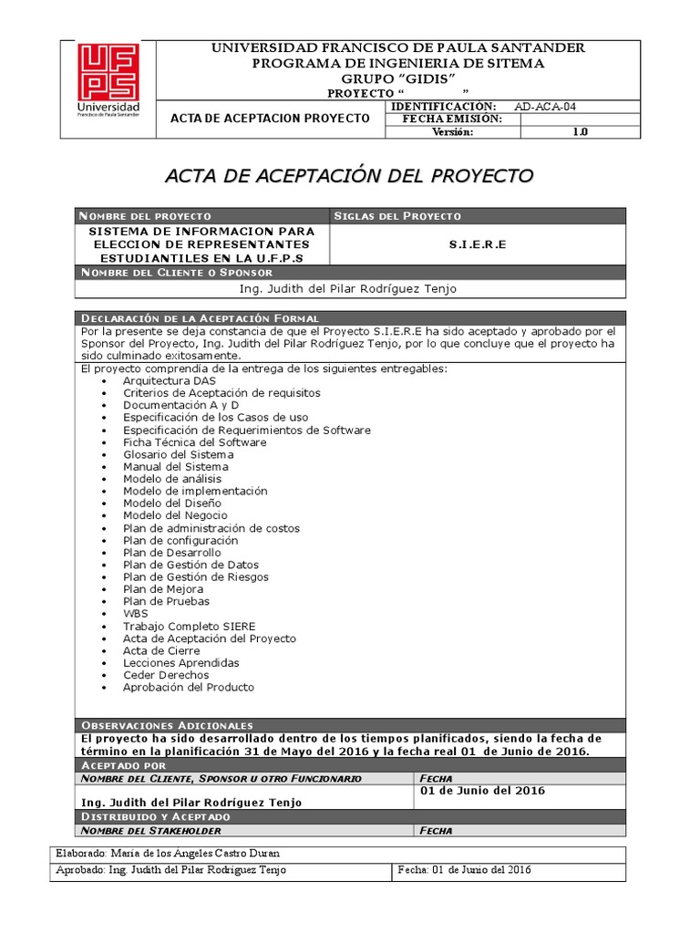 Acta de Aceptacion Del Proyecto | PDF | Tecnologías de la información | Software