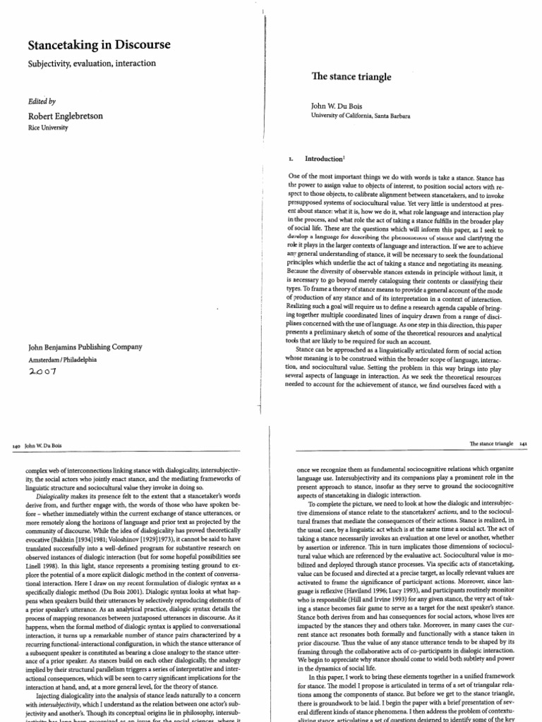 Stancetaking in Discourse: The Stance Triangle | PDF | Cognitive Science | Semantics