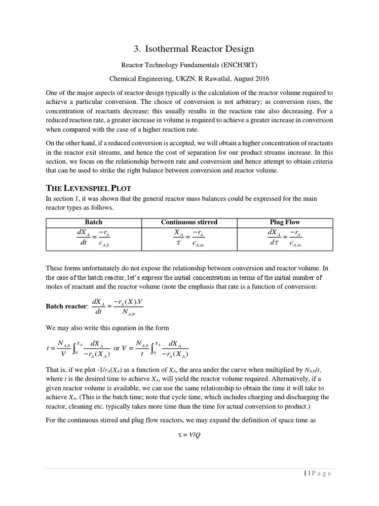 03-Isothermal Reactor Design PDF | PDF | Chemical Reactor | Fluid Dynamics