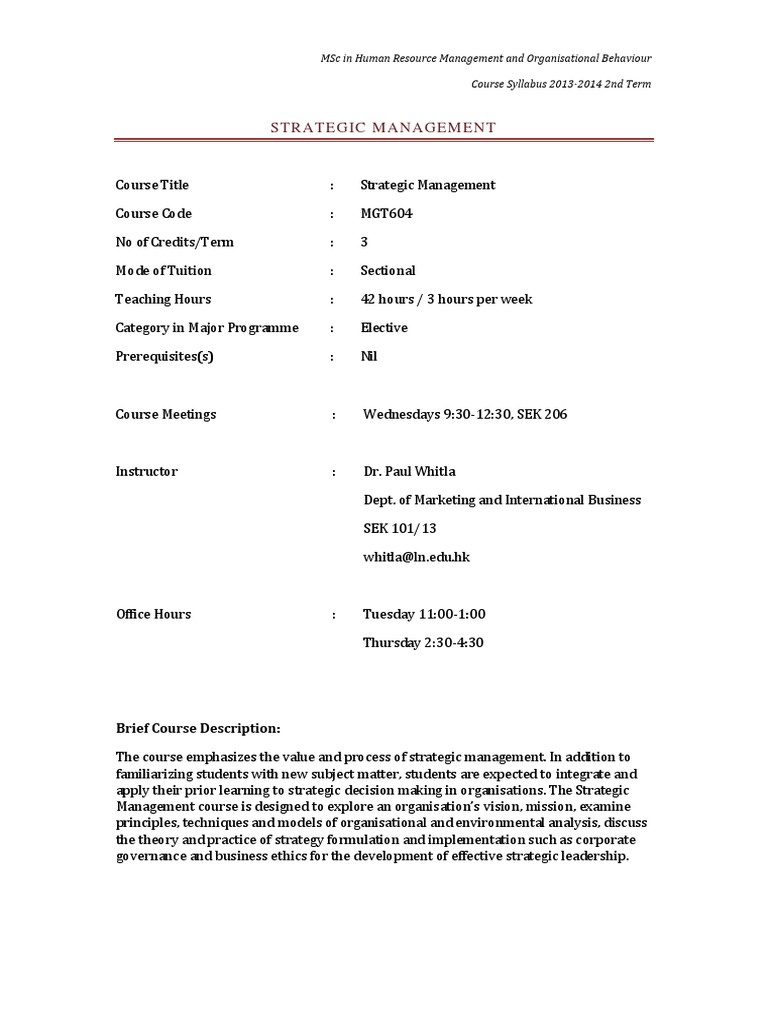 General Course Syllabus - MGT604 - Strategy Mangement | PDF | Strategic ...