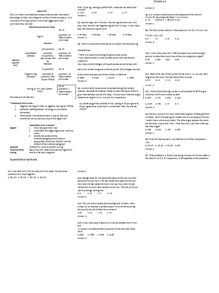 TCS Ninja Most Repeated Questions From Past Years | PDF | Pointer ...