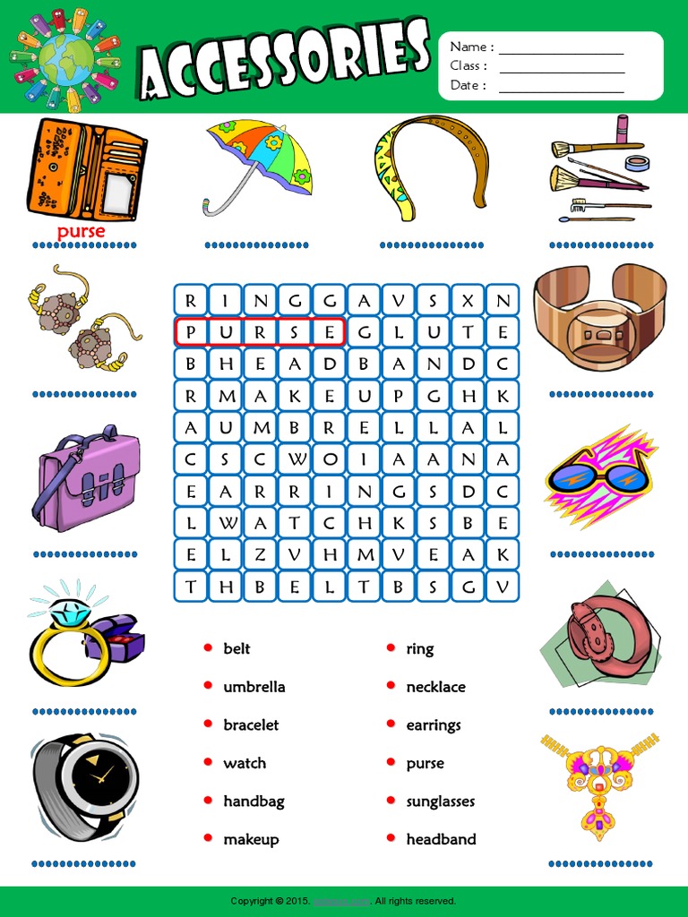Accessories Esl Vocabulary Word Search Worksheet For Kids PDF | PDF
