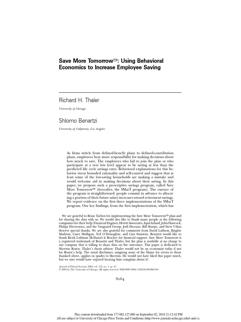 Save More Tomorrow Using Behavioral Economics To Increase Employee ...