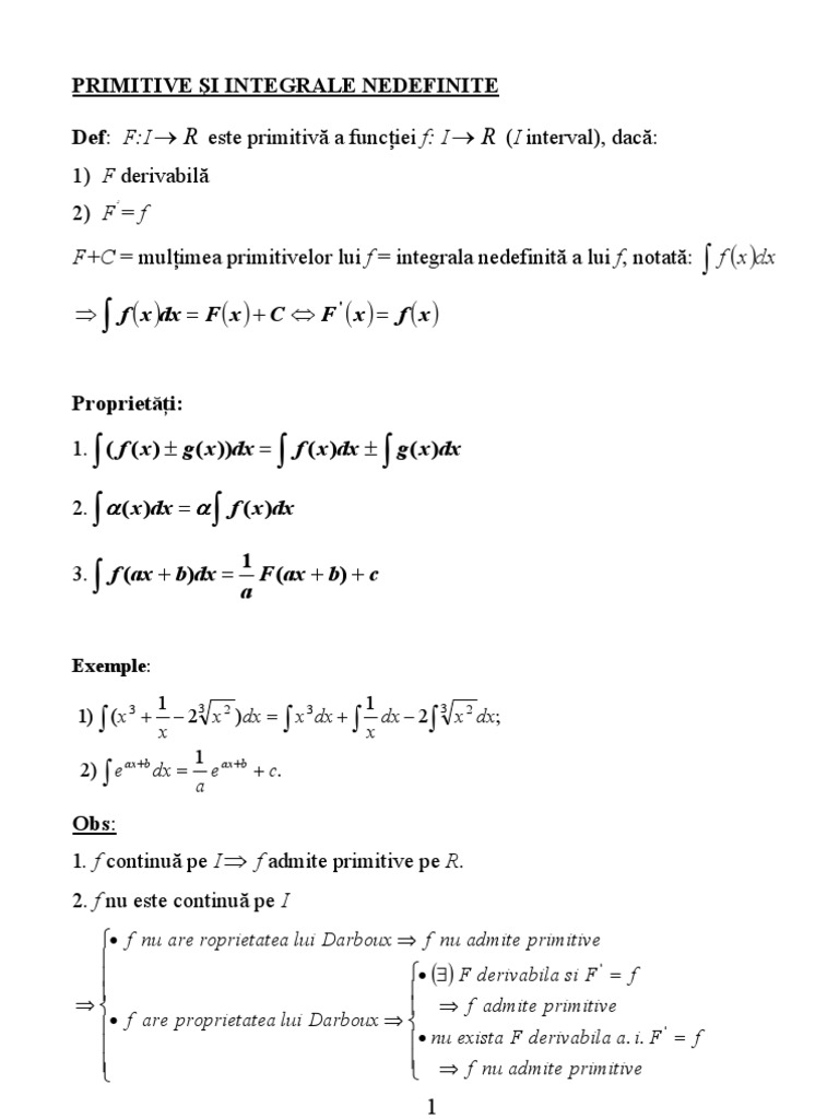 PRIMITIVE SI INTEGRALE NEDEFINITE-Teoria La Toate Metodele de Integrare ...