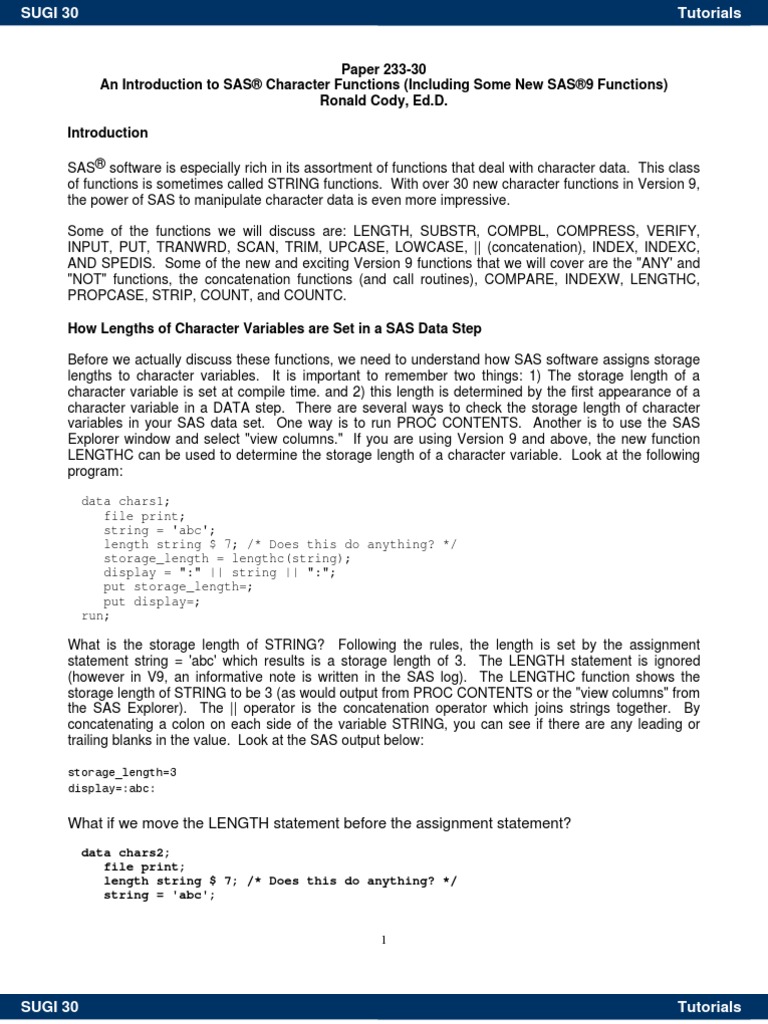 Paper 233-30 An Introduction To SAS® Character Functions (Including ...