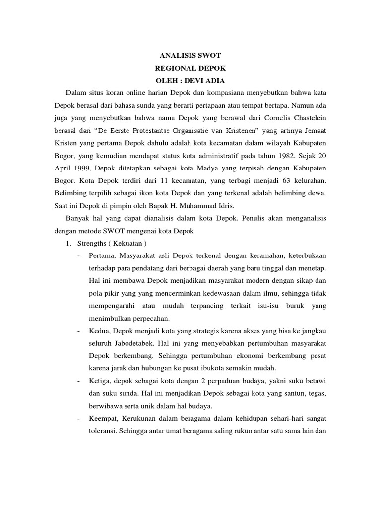 Analisis Swot Regional Depok - Devi Adia | PDF
