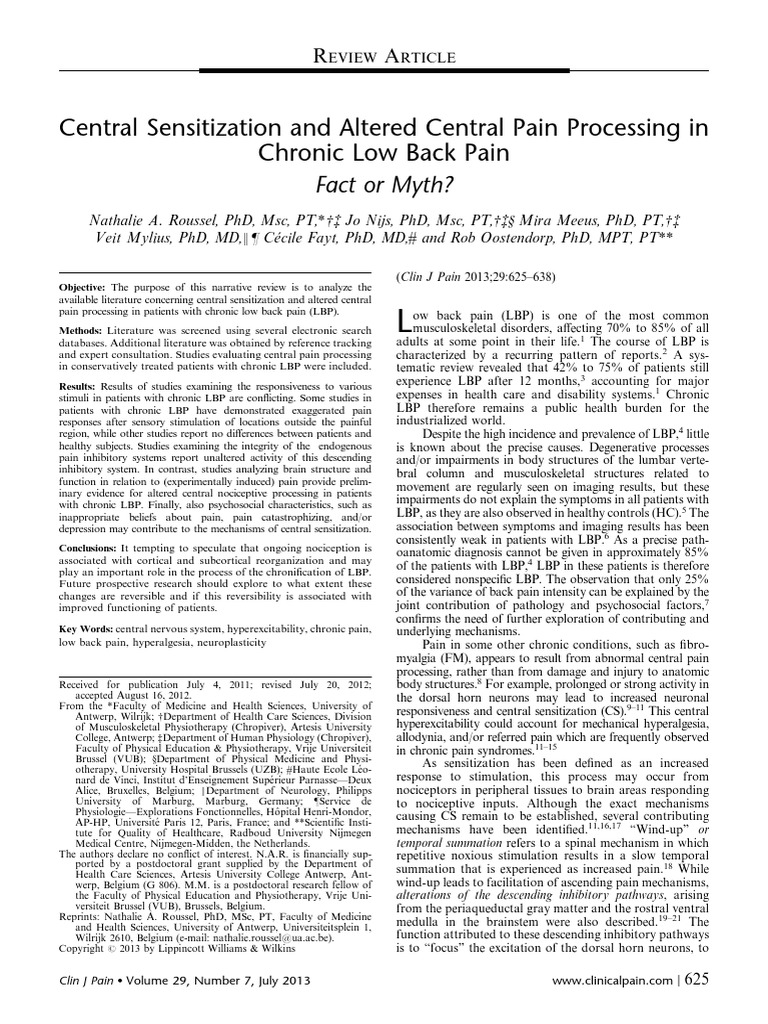Central Sensitization and Altered Central Pain Processing in Chronic ...