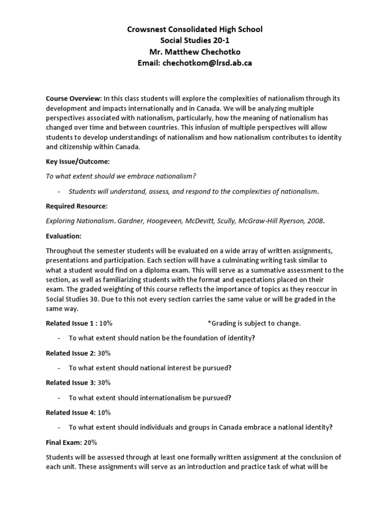 Socials 20-1 Course Outline | PDF | Homework | Nationalism