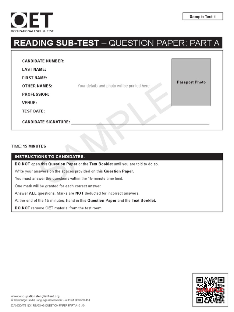 Reading Sample Test 1 Question Paper Part A | PDF | Analgesic | Question