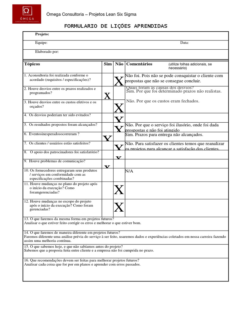 Formulário de Lições Aprendidas para o Projeto de Consultoria Lean Six ...