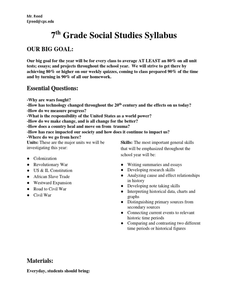 7th Grade Social Studies Syllabus | PDF | Homework | Behavior Modification