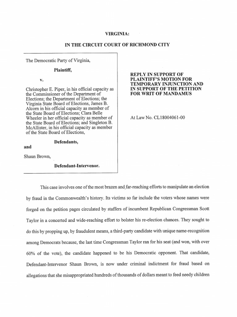 DPVA v. PIPER Et. Al: REPLY IN SUPPORT OF PLAINTIFF'S MOTION FOR ...