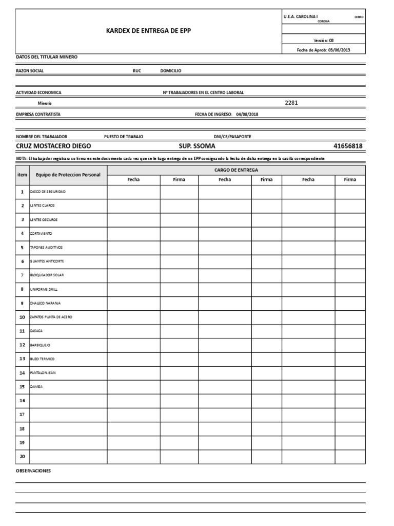Kardex Entrega de Epp | PDF