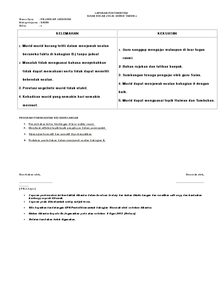 Laporan Post Mortem Sains Tahun 4 | PDF