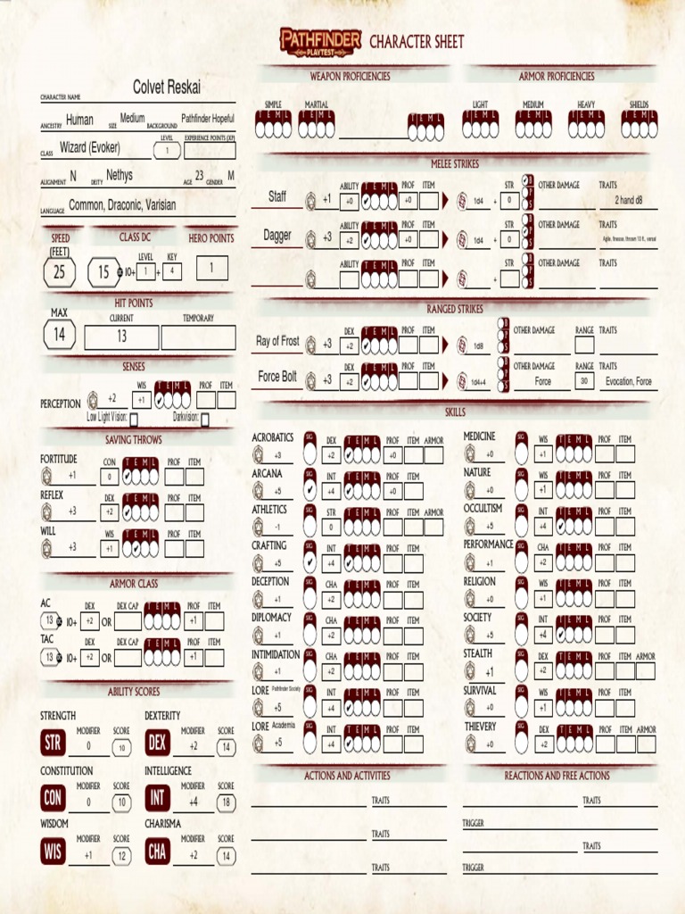 Colvet Reskai: Human Wizard (Evoker) N Nethys Common, Draconic, Varisian Staff Dagger | PDF ...