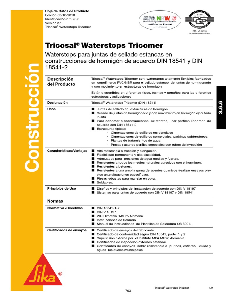 Tricosal Waterstop Tricomer | PDF | Hormigón | Soldadura