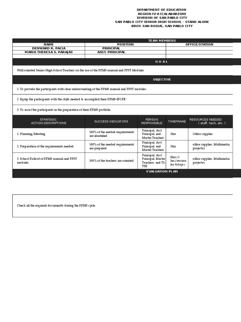 RPMS PPST Roll Out Action Plan Template | PDF | Teachers ...