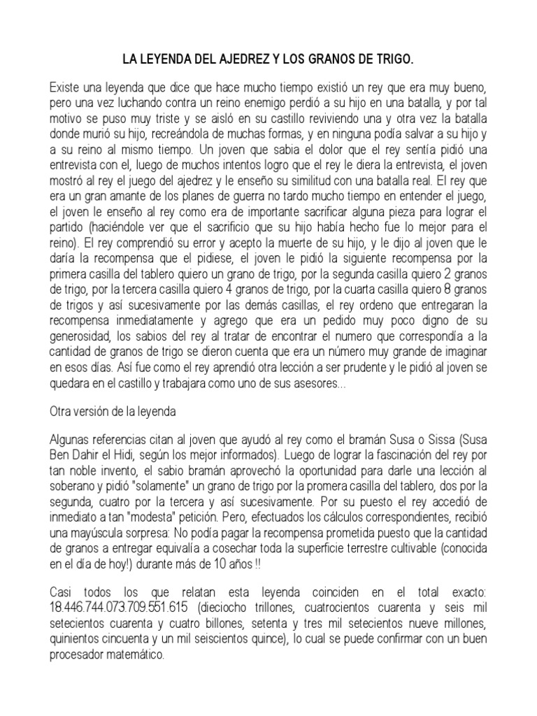 La Leyenda Del Ajedrez y Los Granos de Trigo | PDF | Ajedrez | Ocio