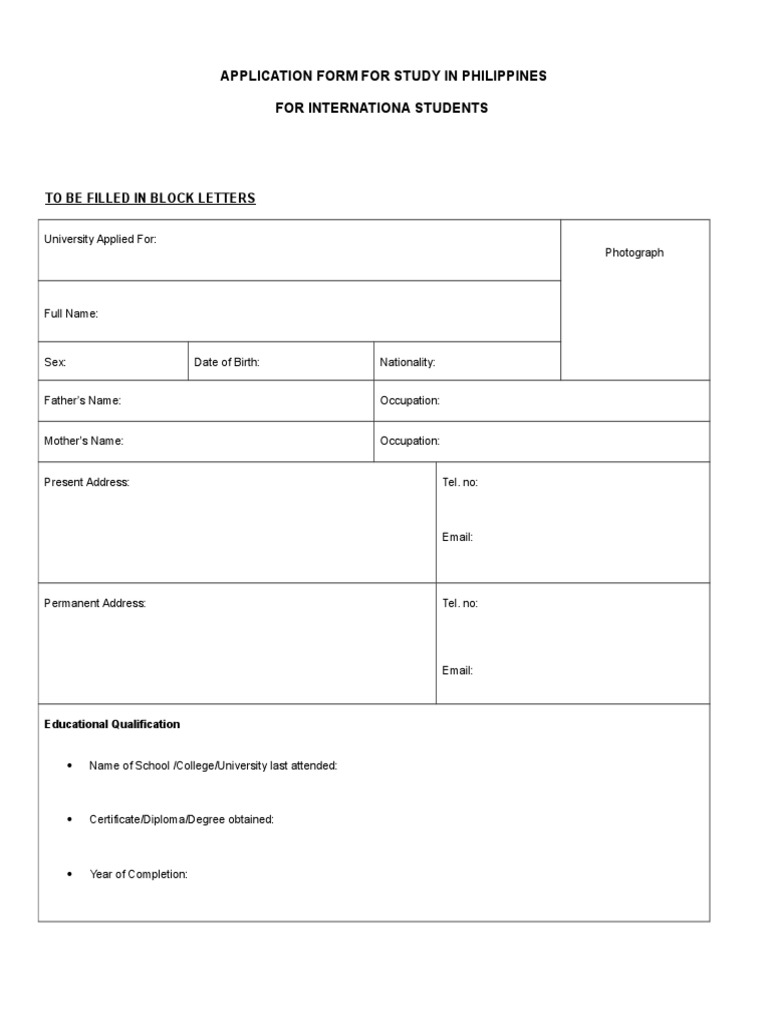 Application Form For Study in Philippines For Internationa Students ...