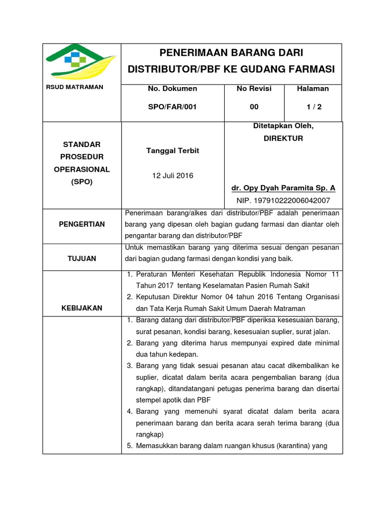 Sop Penerimaan Barang Dari Distributor (PBF) Ke Gudang Farmasi | PDF