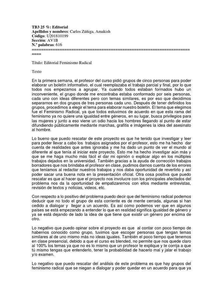 TB3 Carlos Amakish AV1B | PDF | Feminismo | Estudios de género