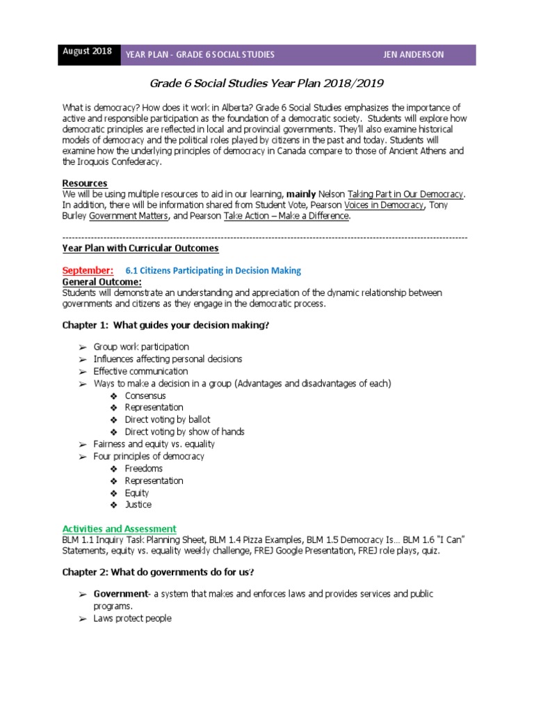 Grade 6 Democracy Studies Plan | PDF | Democracy | Political Ideologies