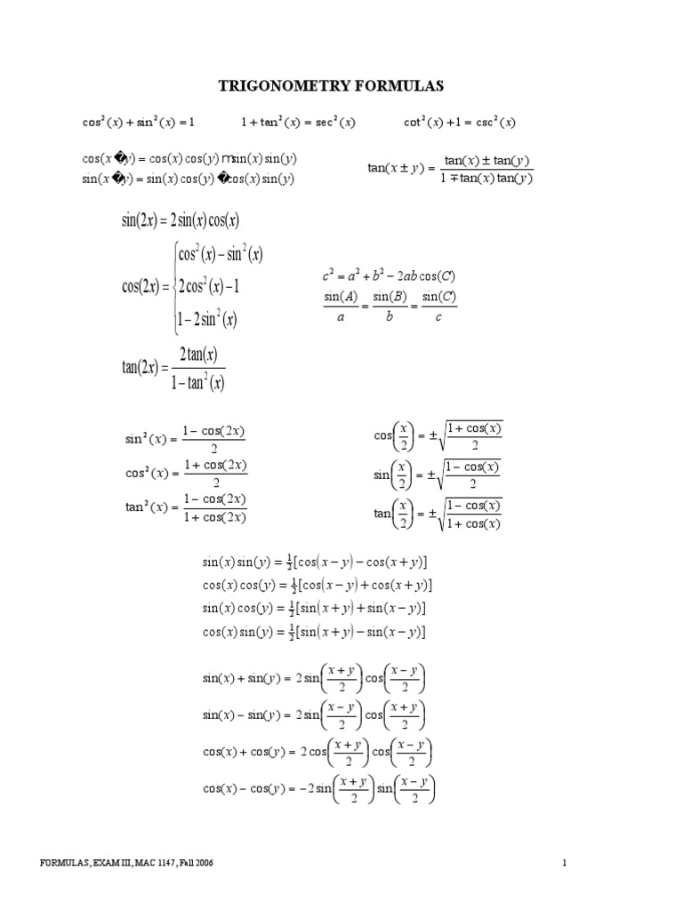 Trigonometry Formulas Guide | PDF | Trigonometric Functions | Combinatorics